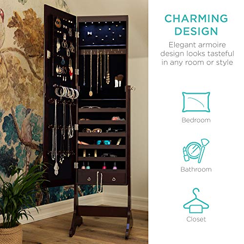 Best Choice Products 6-Tier Full Length Standing Mirrored Lockable Jewelry Storage Organizer Cabinet Armoire w/ 6 LED Interior Lights, 3 Angle Adjustments, Velvet Lining, Espresso