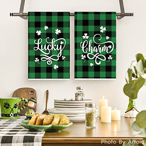 Artoid Mode Buffalo Plaid Lucky Charm St. Patrick's Day Kitchen Dish Towels, 18 x 26 Inch Seasonal Clover Shamrock Ultra Absorbent Drying Cloth Tea Towels for Cooking Baking Set of 2