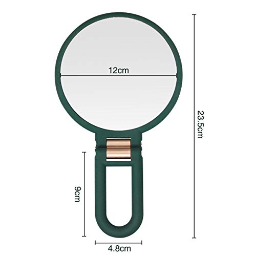 FUHUIM 1x 15x Magnifying Handheld Mirror, Double Sided Pedestal Magnification and True Image Makeup Mirror, Compact Size and Portable Vanity Cosmetic Mirror for Girl (Army Green)