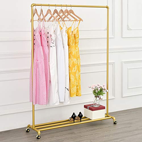 BOSURU Industrial Pipe Rolling Clothing Rack Garment Rack with Wheels Retail Display Clothes Racks Perfect for Laundry Rooms Bedrooms or Boutiques Gold