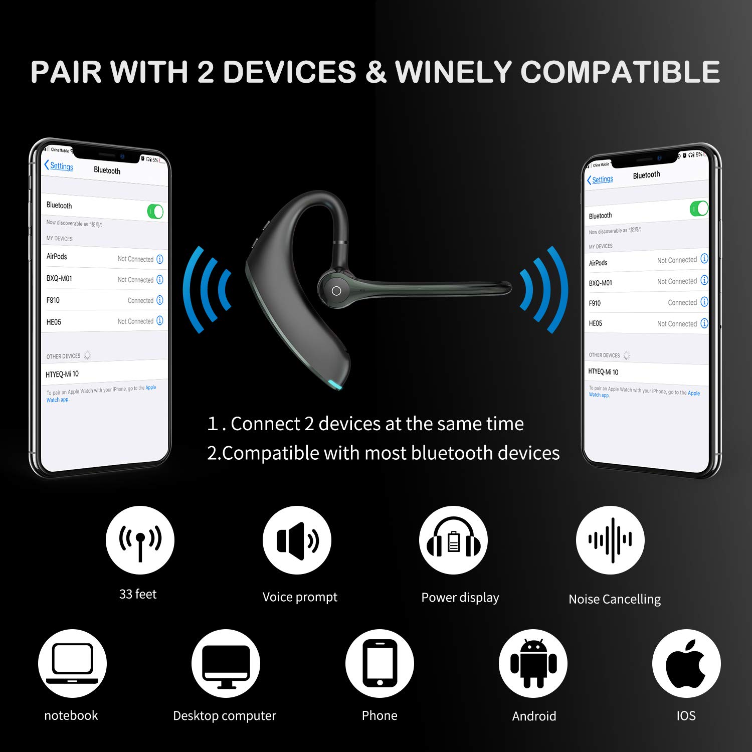 Bluetooth Headset,Wireless Bluetooth Earpiece V5.0 Dual Mic Noise Cancelling Earphone Built-in 2Mic 16Hrs Hands-Free Calling for Driving/Business/Office/Trucker with iPhone Android Cell Phones (Green)