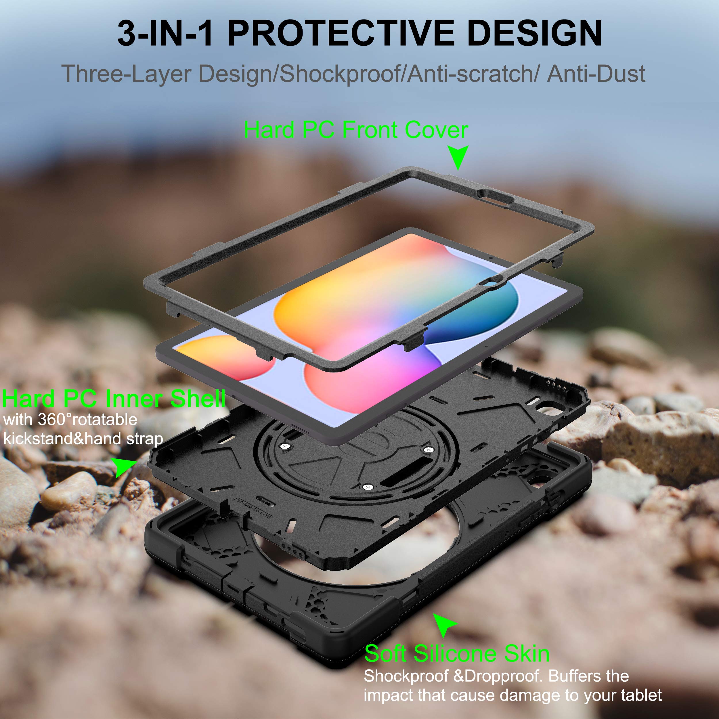 BRAECN for Galaxy Tab S6 Lite Case 2024/2020/2022,Heavy Duty Rugged Shockproof Case with Hand Strap, Shoulder Strap, Kickstand, S Pen Holder for Samsung Tab S6 Lite 10.4 Inch Tablet SM-P610 -Black