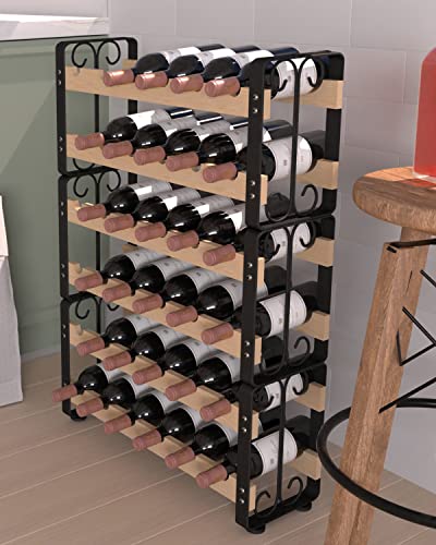 36 Bottles Wine Rack Freestanding Floor, 6-Tier Display Wine Bottle Holder Stand with Pine Shelf, Wobble-Free Wine Storage Rack for Pantry Organizer, Kitchen Bar, Countertop, Dinning Room, Natural