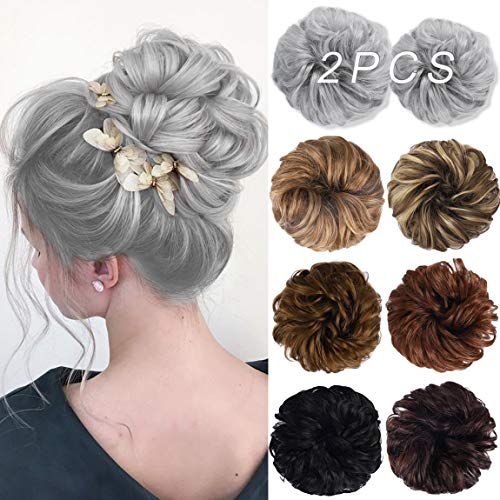 HOOJIH Messy Bun Hair Piece, 2PCS Tousled Updo Hair Extensions Hair Bun HCB001 Daisy Curly Wavy Ponytail Hairpieces Hair Scrunchies with Elastic Rubber Band for Women Girls - Silver Gray