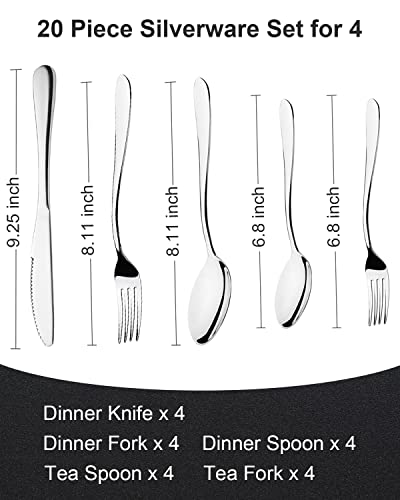 20-Piece Silverware Set for 4, JBGOYON Stainless Steel Flatware Set with Steak Knives, Mirror Polished Tableware Cutlery Set, Utensil Sets for Kitchen Include Knives Spoons Forks