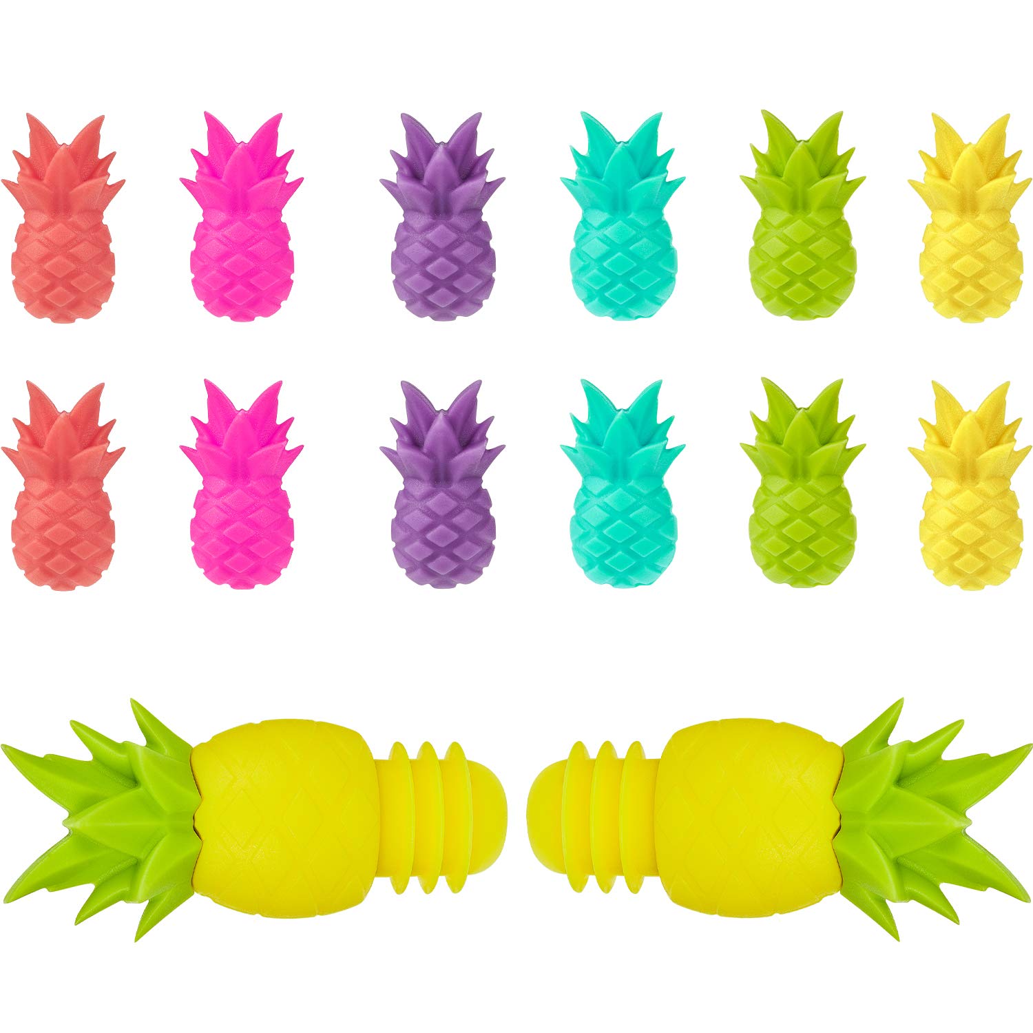 14 Pieces Pineapple Silicone Bottle Stopper Wine Glass Markers, Silicone Charms and Wine Stoppers Reusable Beverage Bottle Stoppers Tropic Wine Glass Charms for Wedding Party Gift