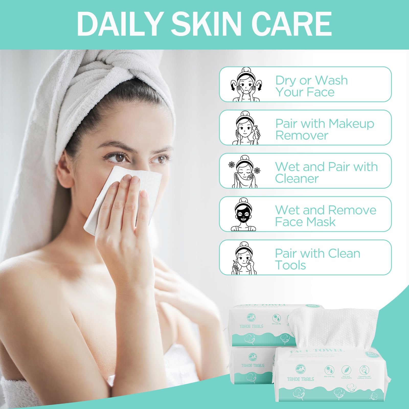 Tahoe Trails Disposable Face Towel, Soft Dry Wipe, Lint Free, Dry Wet Use for Sensitive Skin, 80Count Cotton Facial Tissue, Makeup Removing, Surface Cleaning 5.91 * 7.87inch, 80