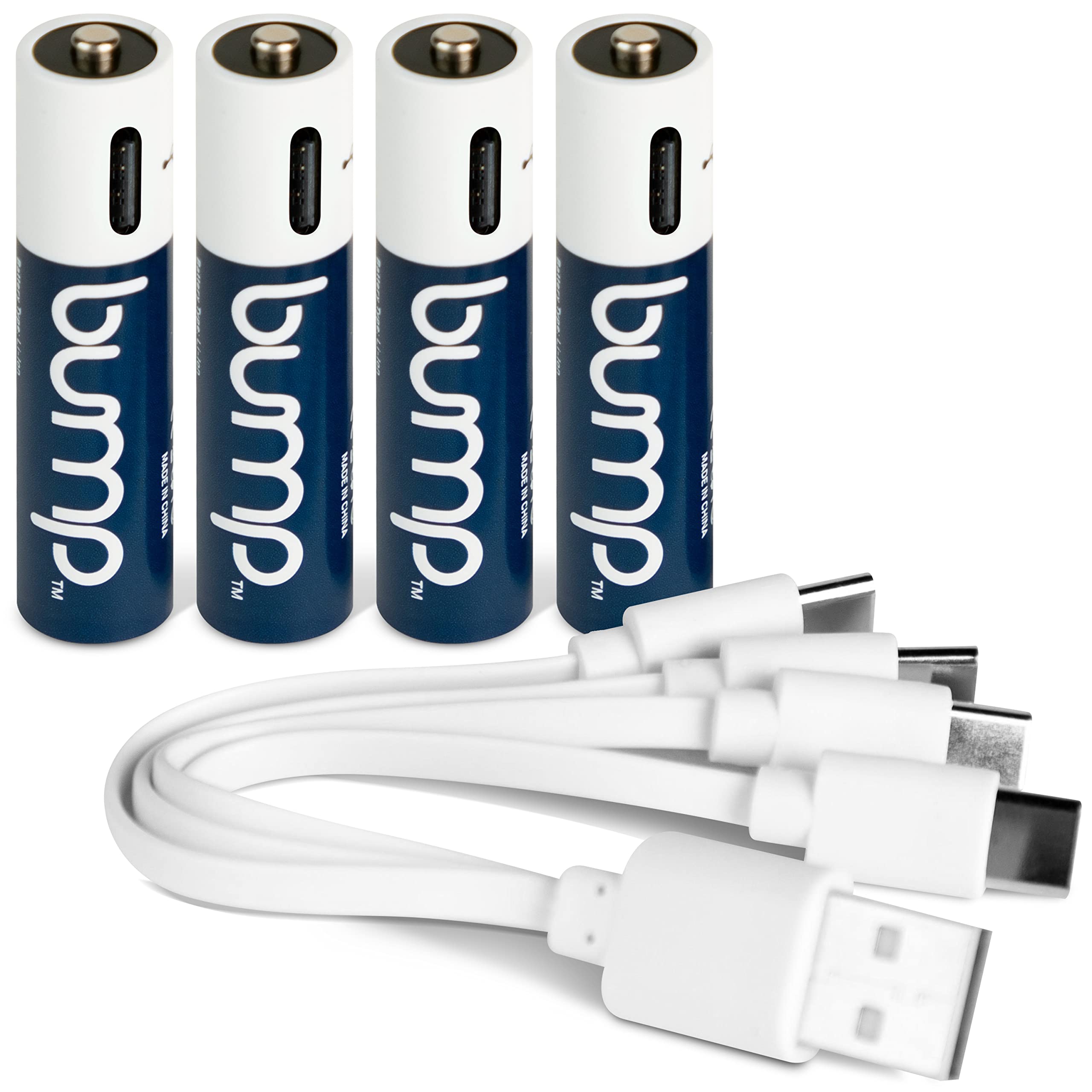 bump AAA USB Rechargeable Batteries, (4-Pack), Lithium Ion, High Output, Fast USB-C, 1.5V with LED Indicator Charging, Long Lasting, for Remotes, Toys, Keyboards, Includes 4-1 Charger Cable