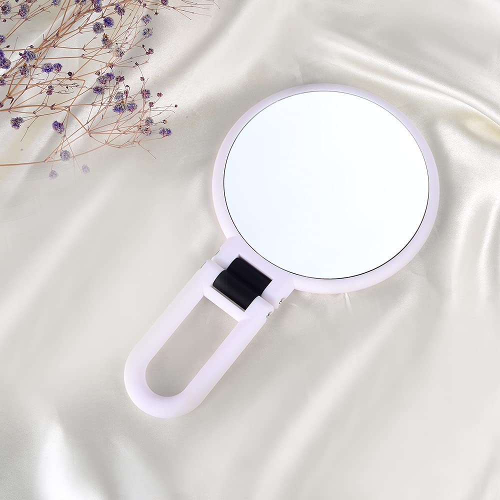 LOTIKO 1x 10x Magnifying Handheld Mirror,Travel Folding Hand Held Mirror,Double Sided Pedestal Magnification and True Image Makeup Mirror, Portable Vanity Cosmetic Mirror for Women (White)