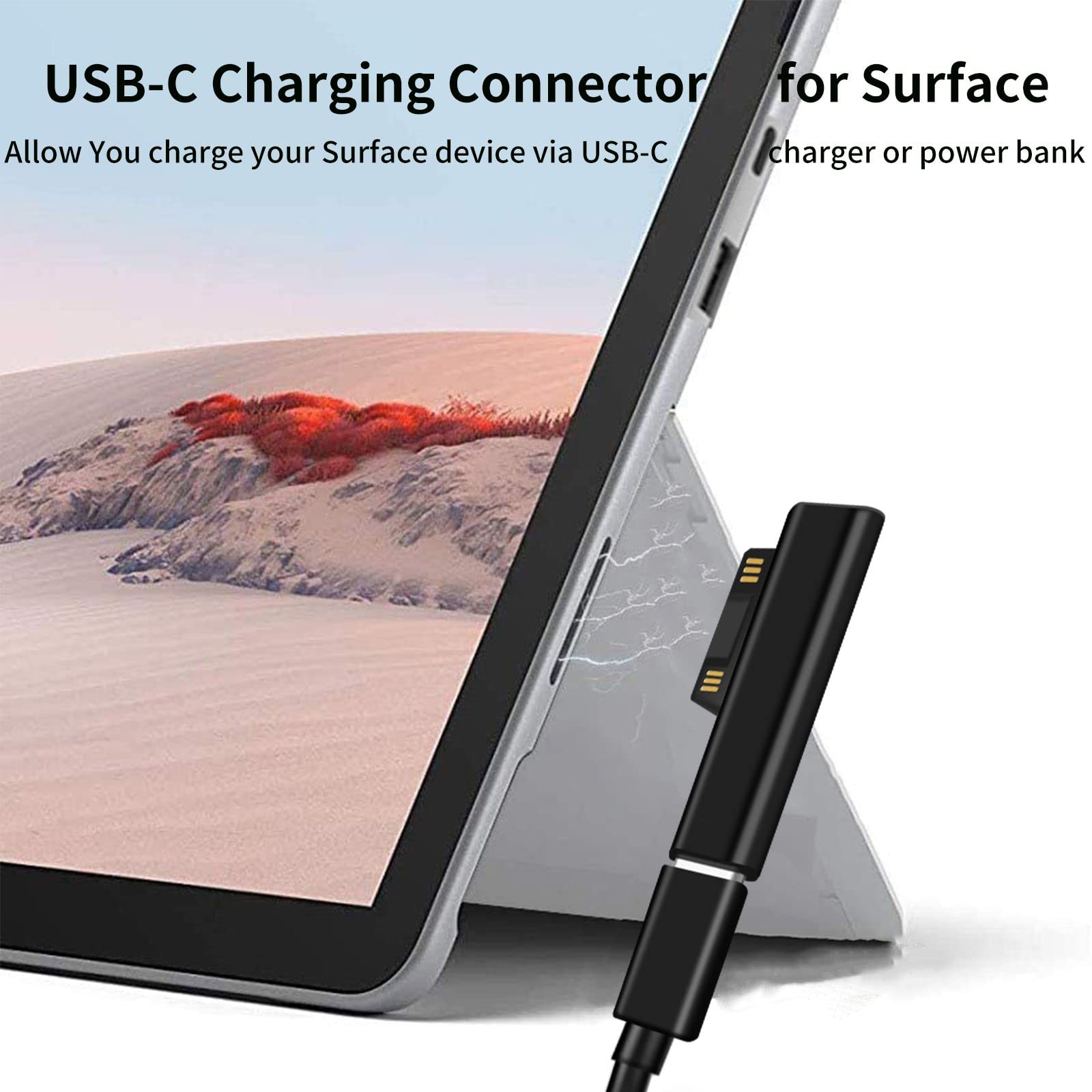 Sisyphy Surface Connect to USB C Charging Adapter (Basic Black, Connector only, 1 Pack), Compatible for Microsoft Surface Pro 7/6/5/4/3 Go 1/2 Laptop 4/3/2/1, Works with 45W 15V3A USBC Power Supply