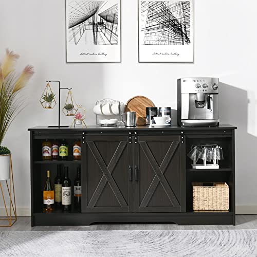 4 EVER WINNER Buffet Cabinet with Storage, 60β Kitchen Sideboard Cabinet with Sliding Barn Doors, Farmhouse Coffee Bar Cabinet Black Buffet Server Cabinet for Living Room Dinning Room, Espresso
