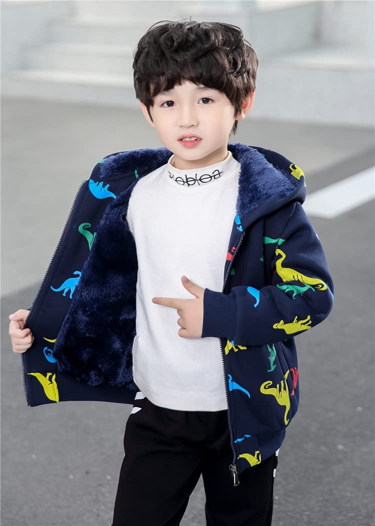Funnymore Toddler Boy's Sherpa Fleece Lined Jacket,Navy Dinosaur Spring Fall Winter Warm Hoodie Coat Clothes 2t