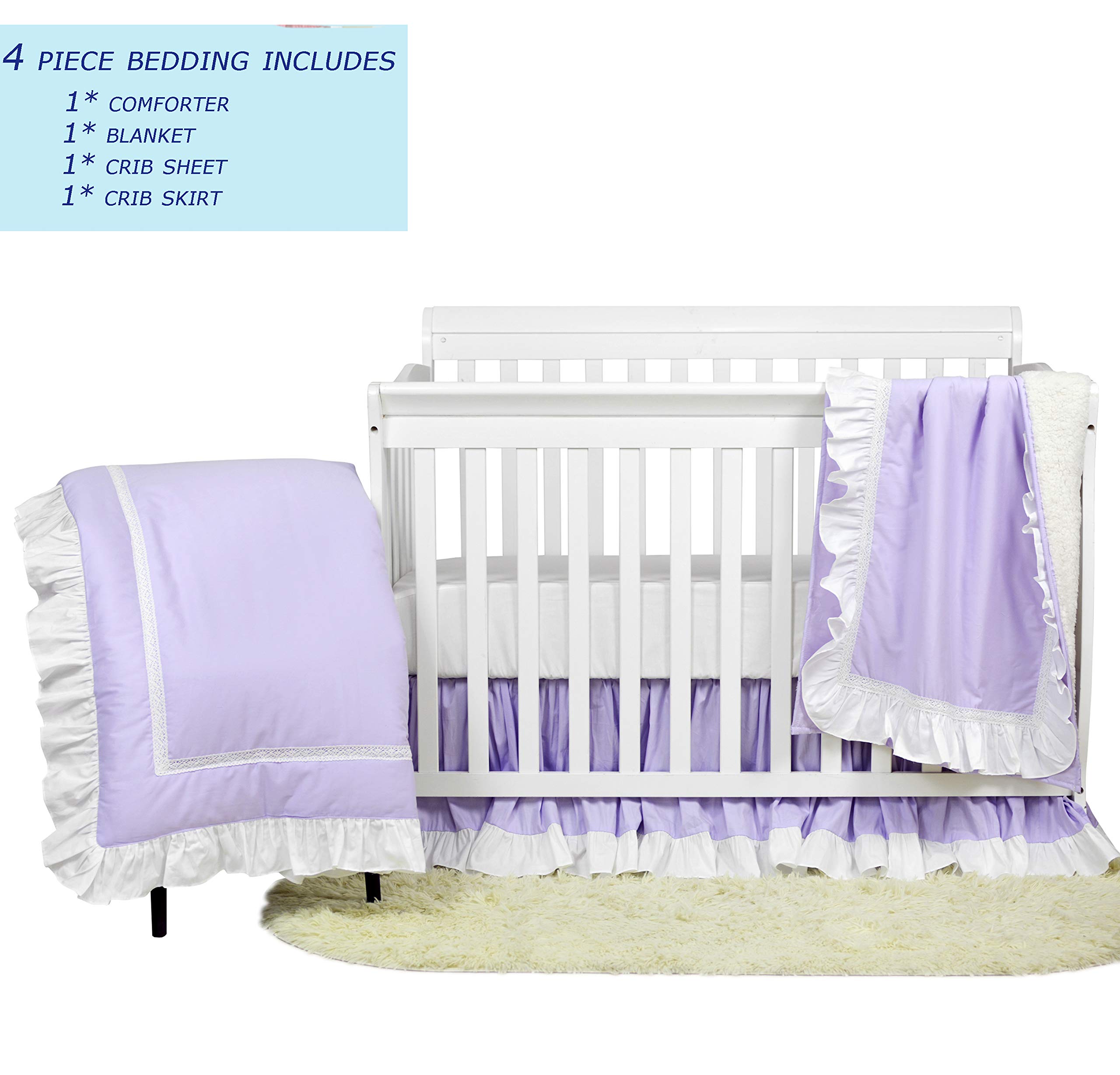Brandream Girls Crib Bedding Sets White Purple Luxury Baby Nursery Bedding 4 Piece Ruffle Comforter Blanket Set, 100% Cotton
