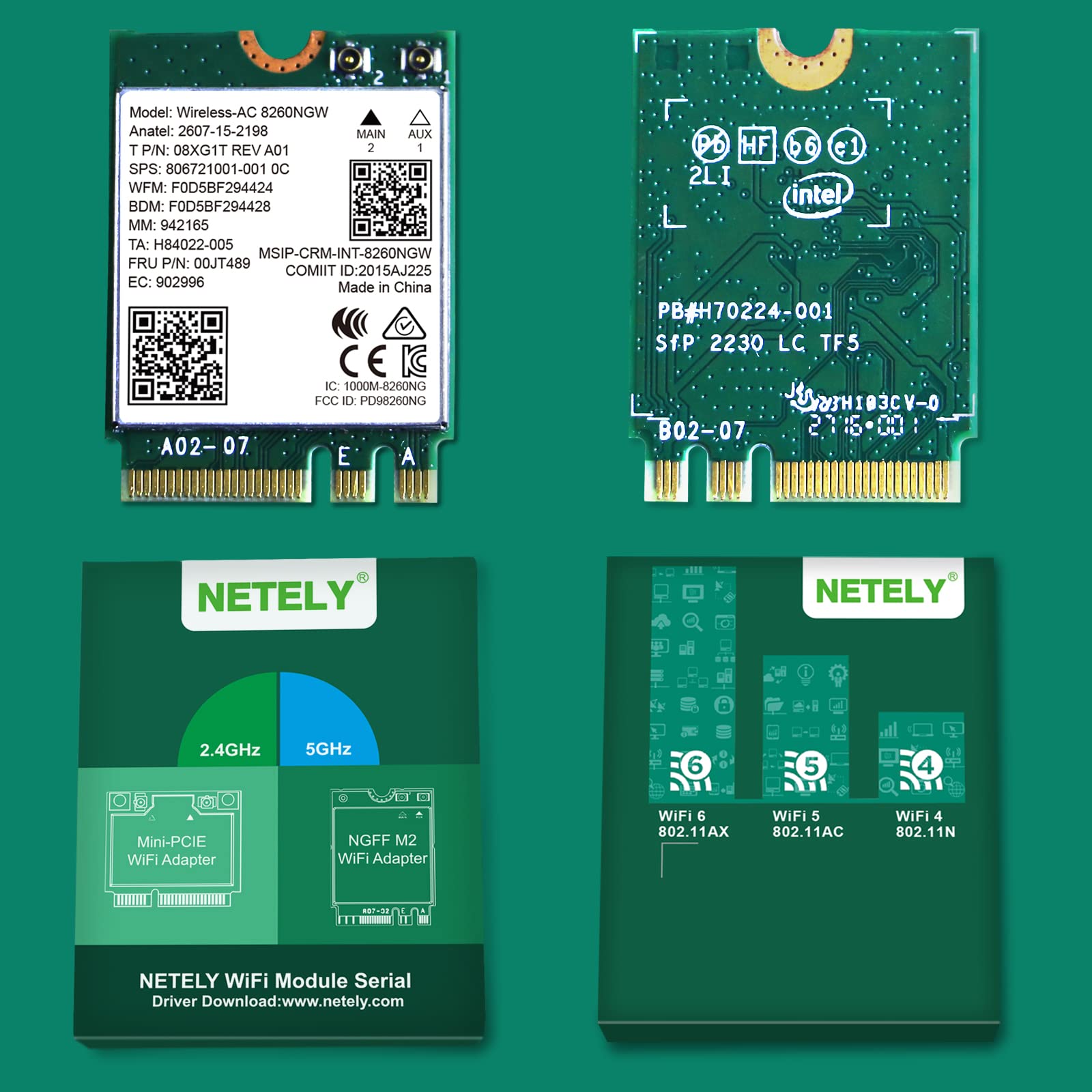 NETELY Wireless-AC 8260NGW NGFF M2 Interface 1200Mbps WiFi Adapter with Bluetooth 4.2, Intel Wireless-AC 8260NGW, Wireless-AC 2.4GHz 300Mbps & 5GHz 867Mbps WiFi Network Card (Wireless-AC 8260NGW)