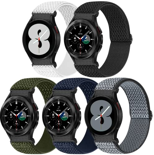 5 Pack No Gap Bands Compatible with Samsung Galaxy Watch 6/5/ 4 40mm 44mm/ Watch 5 Pro 45mm/Galaxy Watch 4/6 Classic 42mm 43mm 46mm 47mm, 20mm Elastic Nylon Sport Band for Women Men(GB)