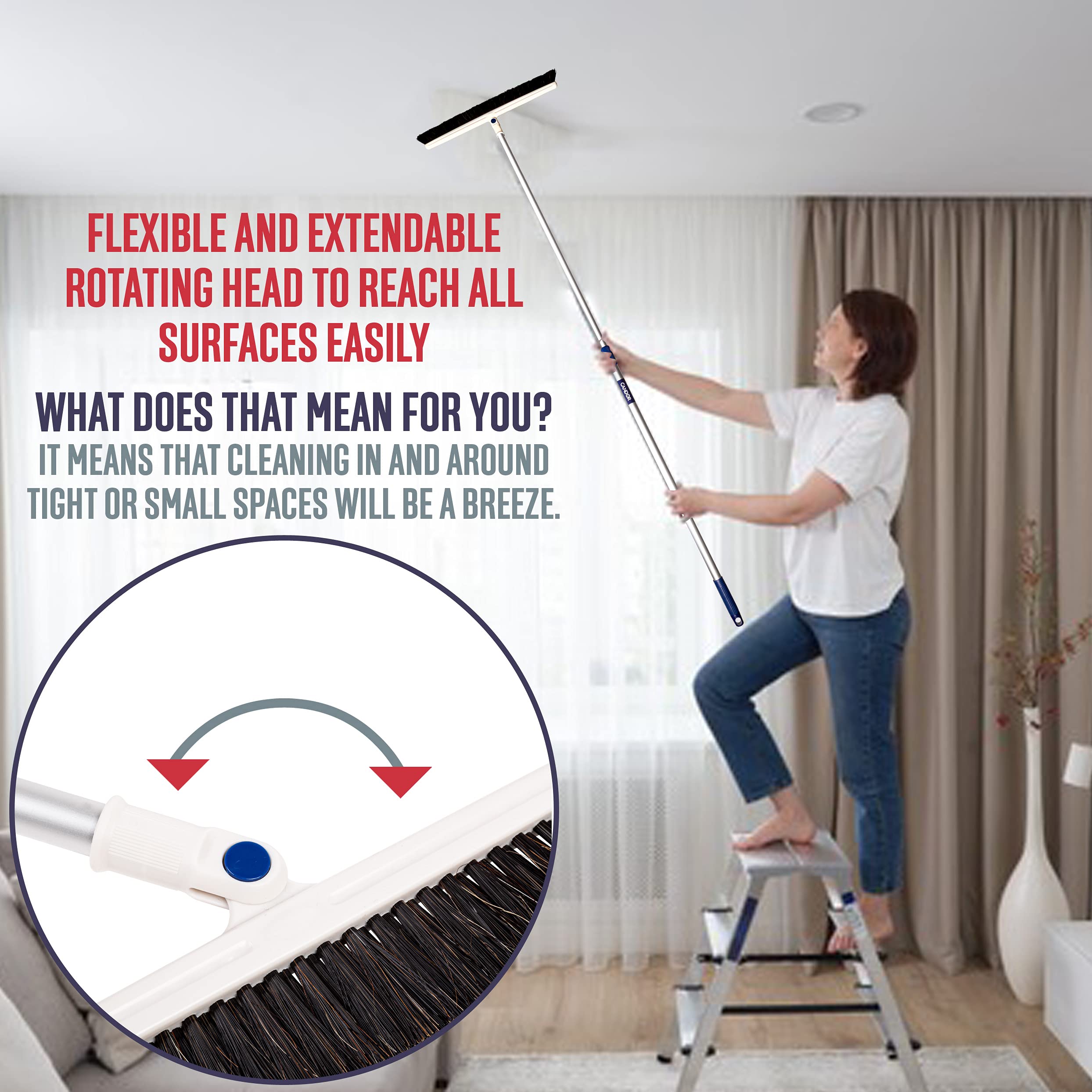 Candor Rotatable Push Broom | 63 Inch Long Lightweight Flexible Cleaning Brush Swiftly Glides Under Beds, Tables, Sofas, Ovens | Also Includes A Handy Brush to Clean The Broom | 18 Inch Head