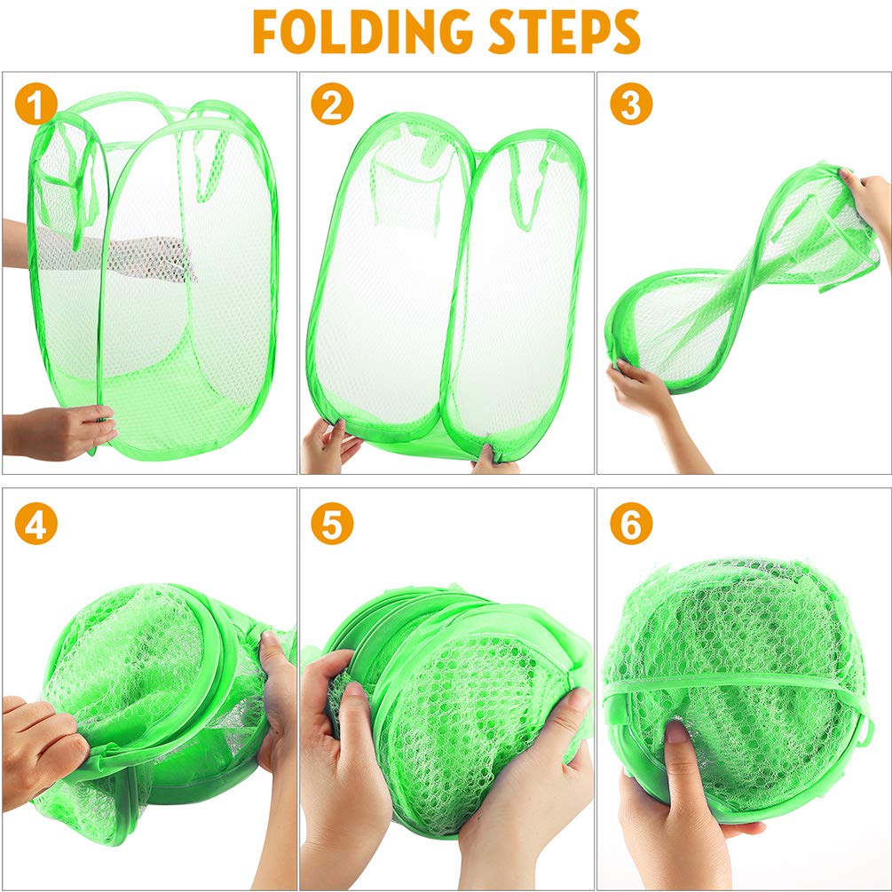 3PCS Mesh Laundry Pop-Up Hampers ,Foldable Clothes Washing Laundry Basket Bins ,Handles Kids’ Garments Hamper, for Storage Room ,Kids Toys, College Dorm ,Home Organization Travel Use (Green)