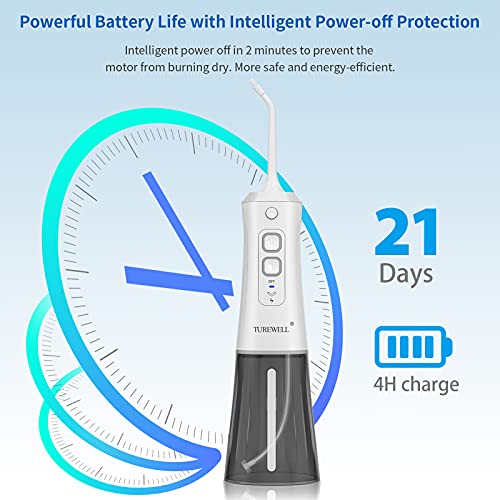 TUREWELL Water Flosser Cordless, Oral Irrigator for Teeth, Portable Waterpick with DIY Mode and 3 Replacement Jets, IPX7 Waterproof Electric Dental Flosser for Travel/Home/Braces (White)