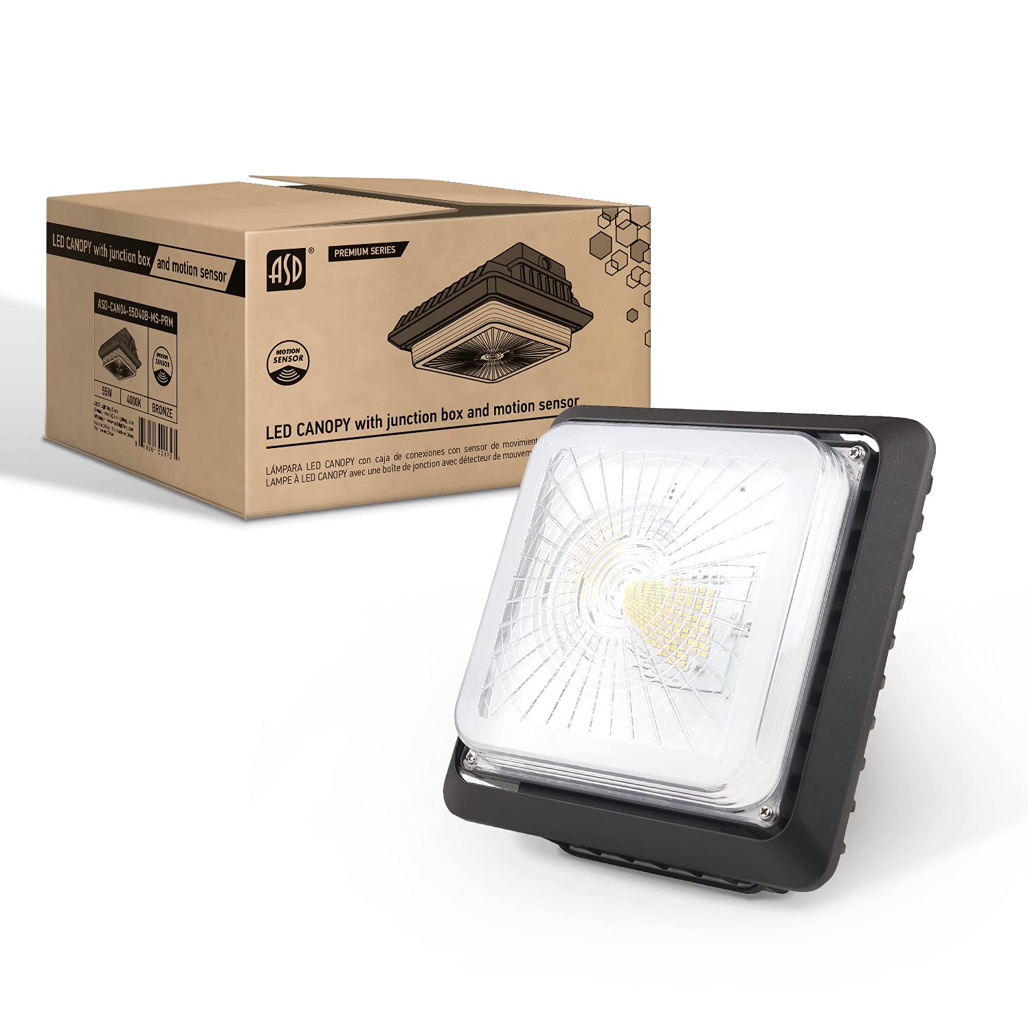 ASD Bronze LED Canopy Light with Motion Sensor 55W 7305Lm 4000K Dimmable IP65 Outdoor Ceiling Lights with J-Box - Carport Light Fixture - Gas Station and Garage Light - LED Parking Lot Light UL & DLC