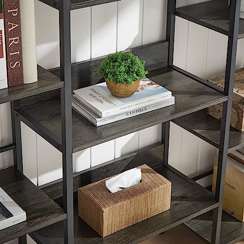 5-Shelf Wide Bookshelves, Industrial Retro Wooden Style Large Open Bookcases, 69.3''L x 11.8''W x 70.1''H, Dark Grey
