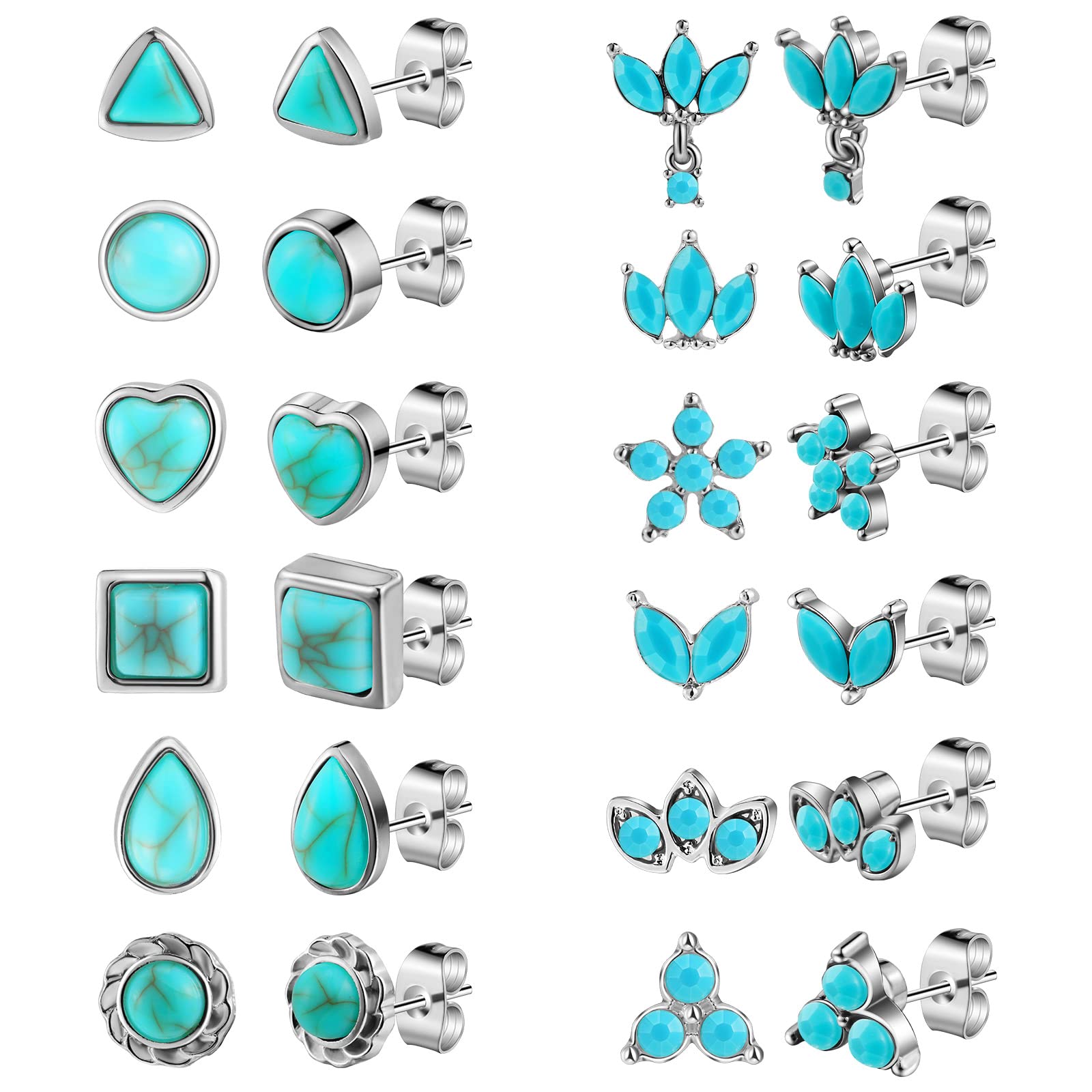 12 Pairs Turquoise Stud Earrings Boho Various Dainty Small Gemstone Studs Earring Set Simple Trendy Silver Gold Round Square Drop Triangle Flower Shaped Dot Earrings for Women