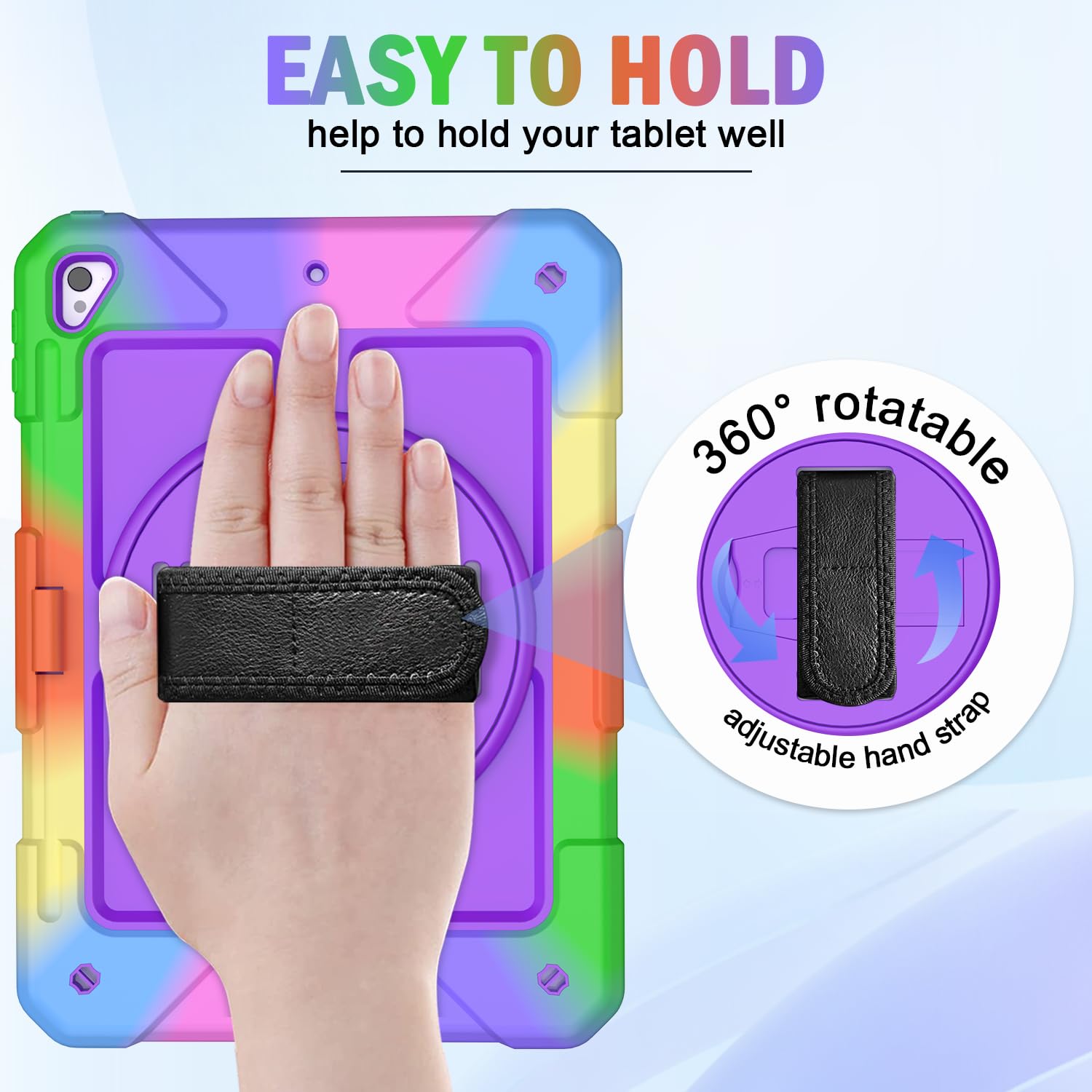 BMOUO Case for iPad 6th/5th Generation Case (9.7 inch, 2018/2017), 360°Rotating Stand, Hand/Shoulder Strap Shockproof iPad 9.7” Case for iPad Air 2, Purple