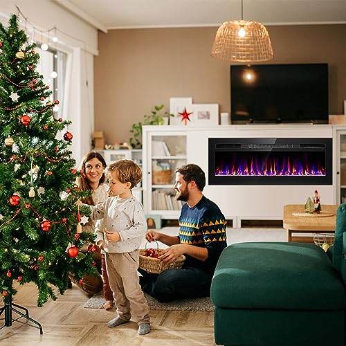 50 Inch Electric Fireplace Recessed and Wall Mounted, Fireplace Heater and Linear Fireplace, Ultra-Thin Electric Fireplace, Low Noise, with Timer, Remote Control, Adjustable 12 Flame Color, 750/1500W