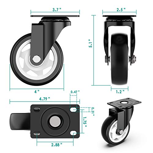 4 inch Swivel Caster Wheels, Heavy Duty Plate Casters with no Brake Total Capacity 1200lbs (Pack of 4)