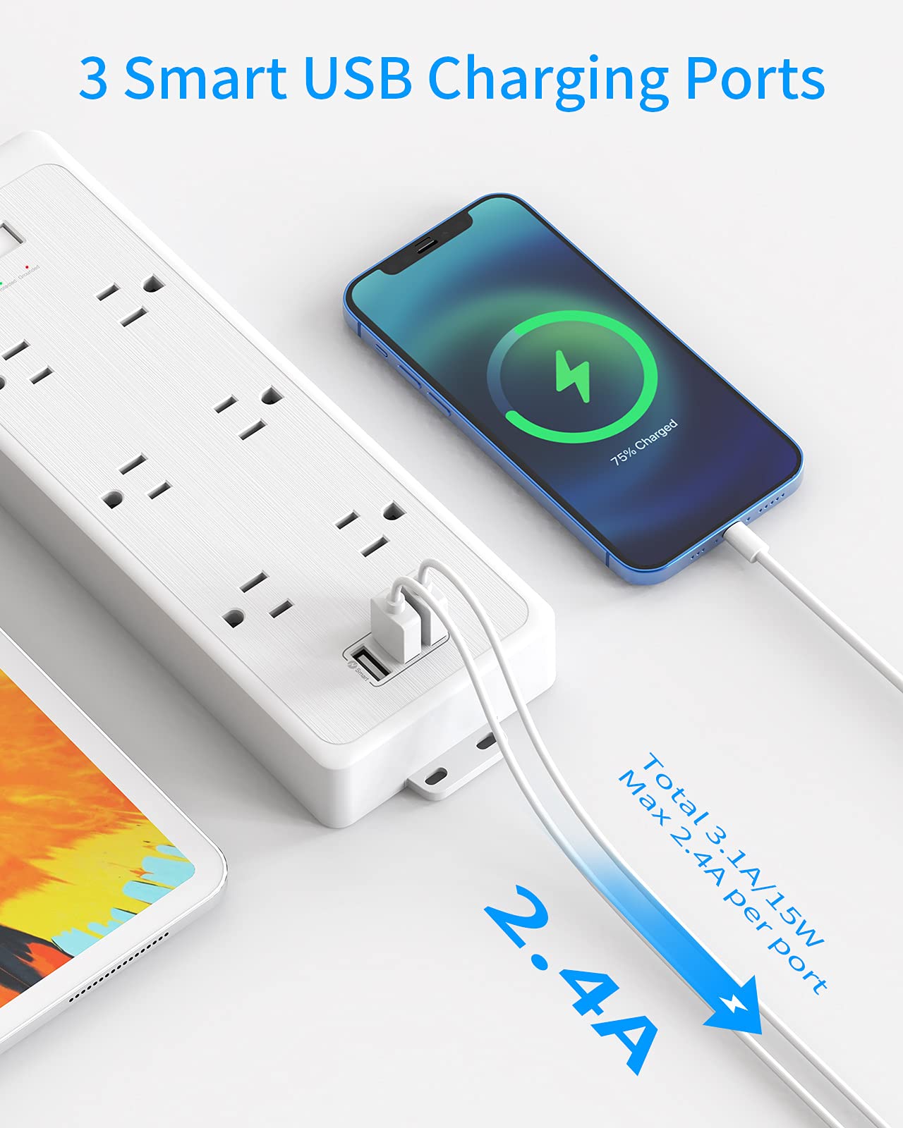 15 FT Extension Cord Surge Protector Power Strip 6 Super Wide Spaced Outlets, NTONPOWER Flat Plug Surge Protector Wall Mount with 3 USB, 1875W, 15A, 1700 Joules, Overload Protection for Home Office