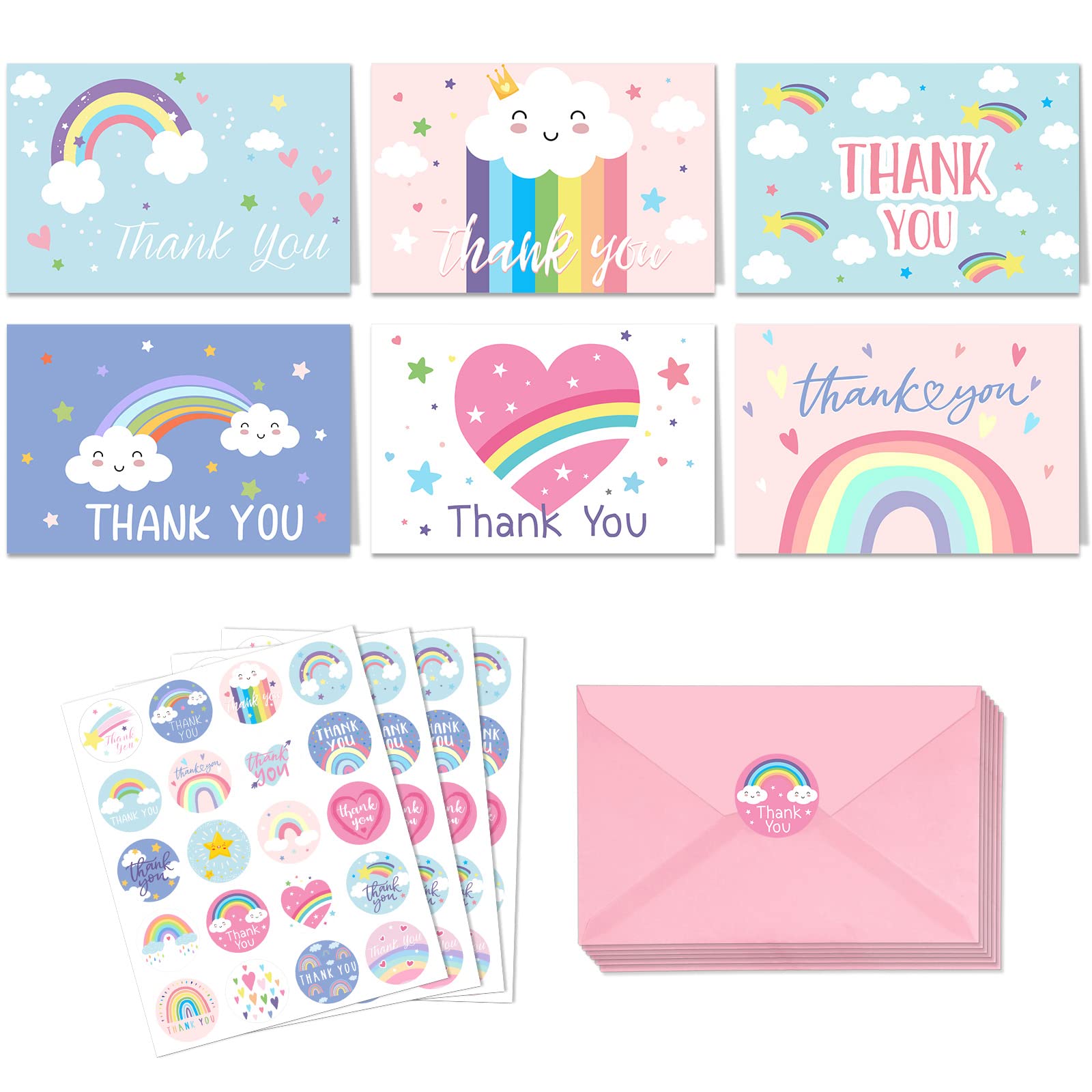 24 Pcs Rainbow Thank You Cards with Envelopes and Stickers, Baby Shower Thank You Notes Birthday Party Favors Christmas Wedding Supplies