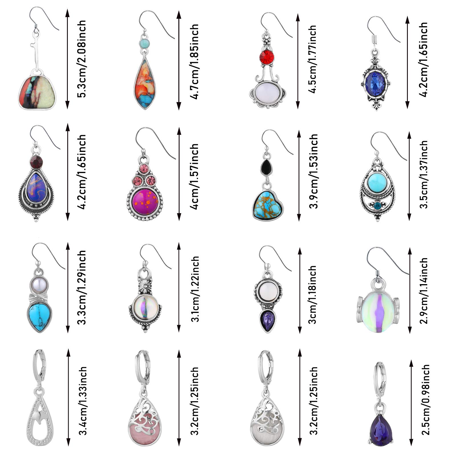 16 Pairs Crystal Drop Dangle Earrings Multi-shaped Quartz Stone Earrings Multi-color Pendant Earrings for Women (Classic Style)