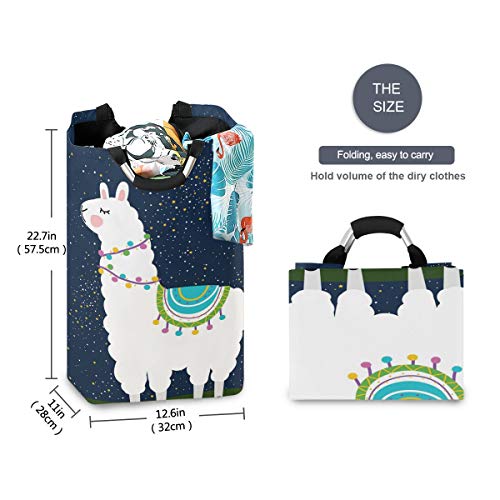 CaTaKu Starry Night Alpaca Laundry Hamper,Cute Llama Laundry Basket Box Big Storage Waterproof Easy Carry for Family Dormitory Laundry Room, 12.6 x 11 x 22.7 Inches