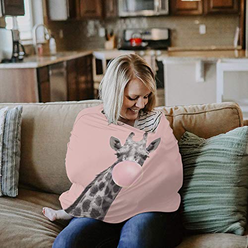 Giraffe Baby Car Seat Cover, Multi-Use Nursing Cover for Boys, Girls, Infants, Snug Warm Stroller Covers for Babies, Funny Animal Giraffe Blowing Bubble Pink