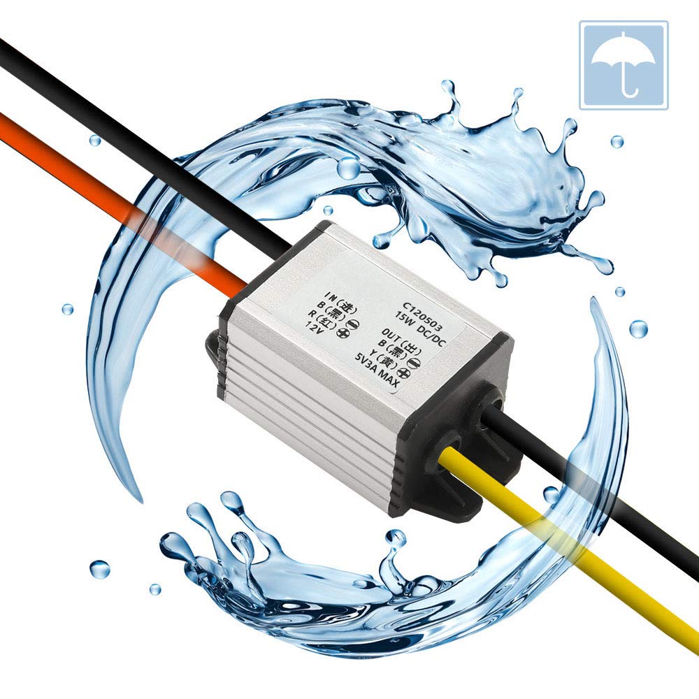 12V to 5V DC Converter Car Power Voltage, Waterproof DC 6.3-22V 12V Step Down to DC 5V 3A 15W Voltage Regulator Buck Converter Power Supply Step-Down Module Compatible with Vehicle Car Truck Volt