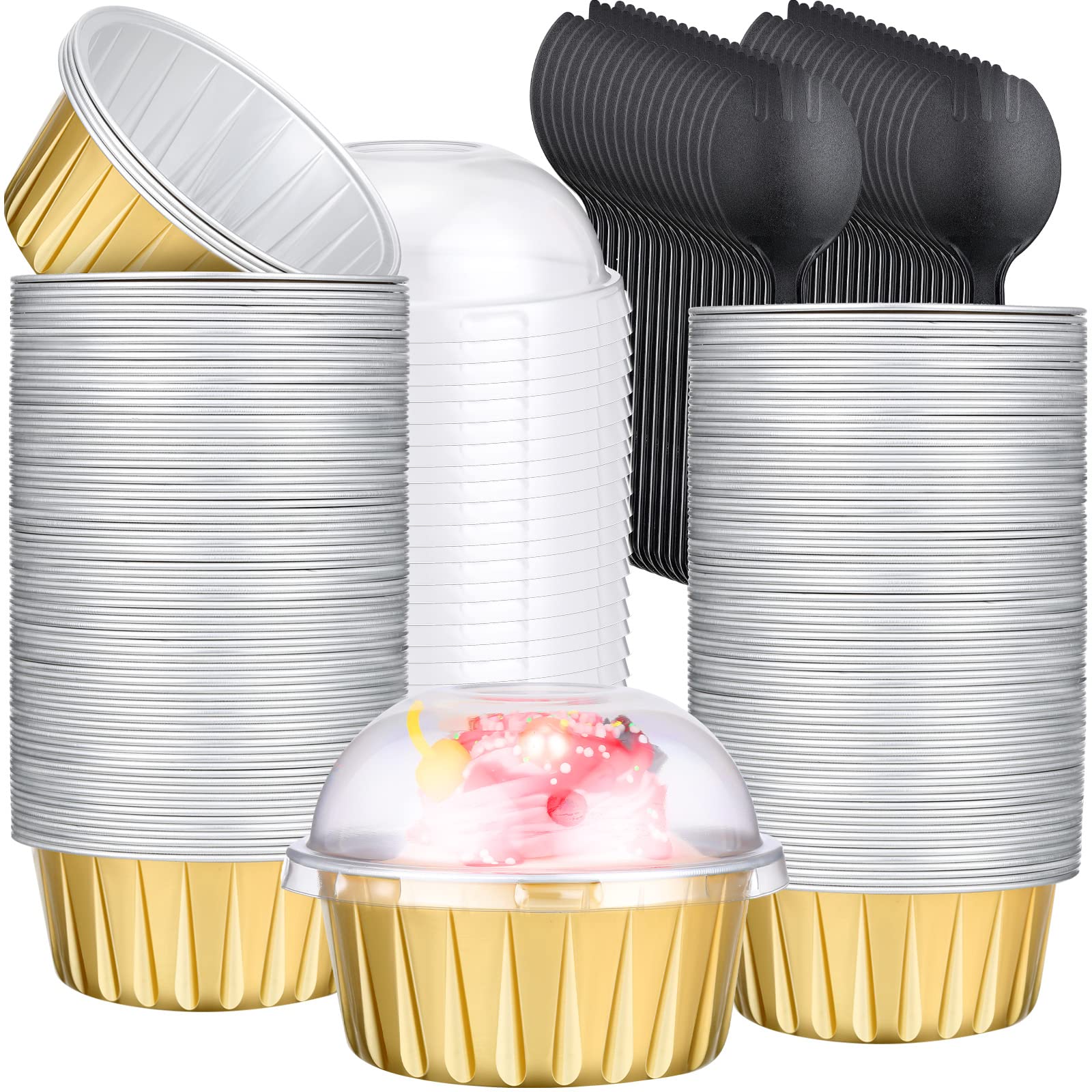 200 Pack 5oz Cupcake Liners with Dome Lids with 200 Pieces Spoons Bulk Aluminum Muffin Liners Foil Baking Cups Muffin Tin Dessert Pudding Holders for Individual Bakery Wedding Birthday Party