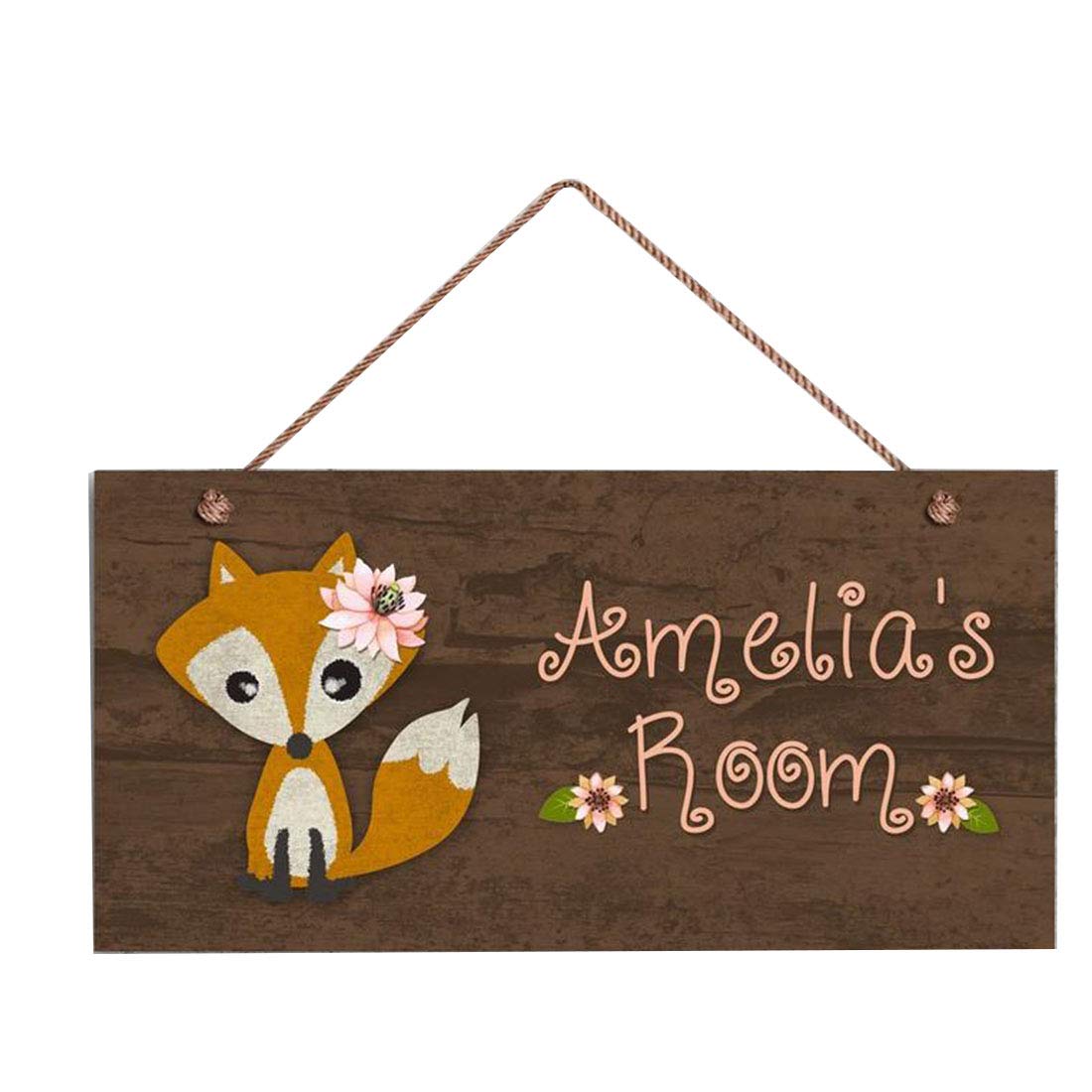 Girl Fox Sign, Woodland Personalized Sign, Kid's Name, Kids Door Sign, Baby Nursery Wall Decor, 5" x 10" Sign