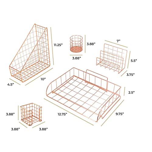 BLU MONACO Rose Gold Desk Organizer - 5 Piece Desk Accessories Set - Letter - Mail Organizer, Paper-Document Tray, Pen Cup, Magazine File Holder - Diagonal Pattern - Office Supplies Stationery Décor