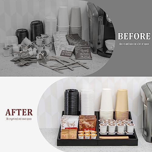 ANBOXIT Coffee Station Organizer for Countertop, Coffee Condiment Service Tray, Coffee Bar Supplies Organizer for Home, Office and Breakroom - Wooden, Black, 9 Compartment, Two-in-One