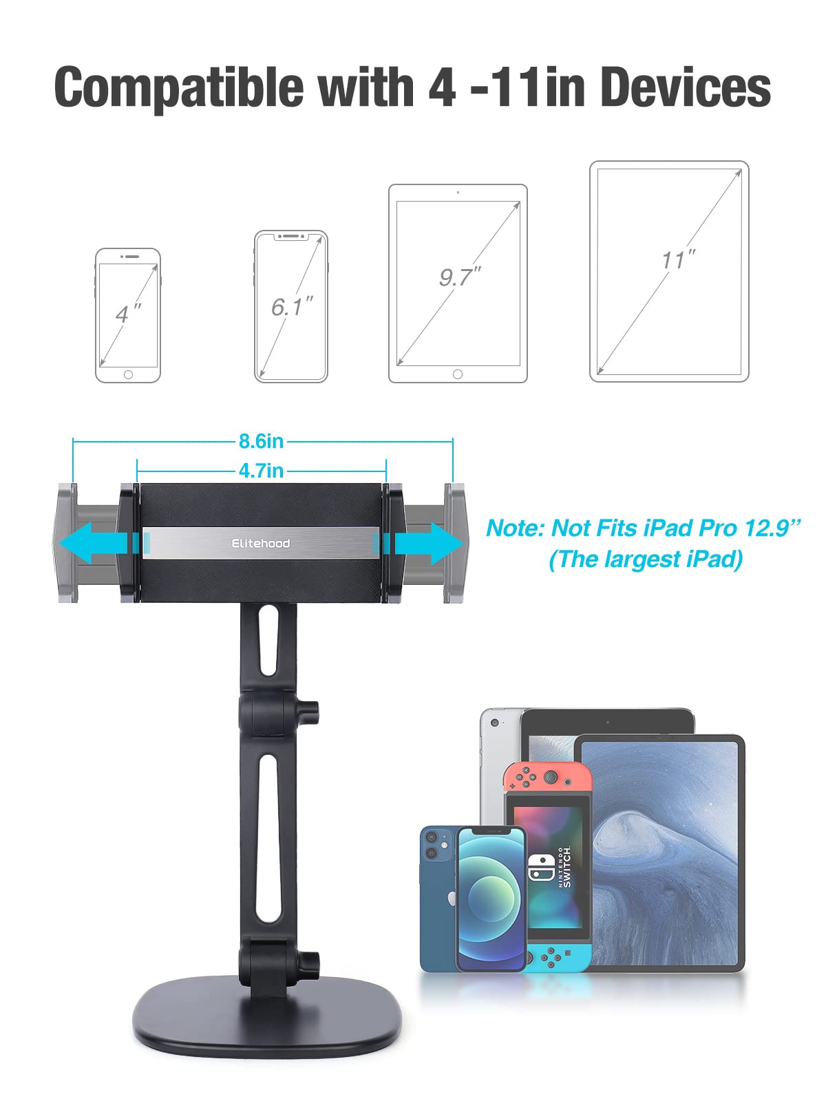 Elitehood Tablet Stand, Height Adjustable, 360 Rotating, Compatible with 4.7"-11" Tablets and Phones
