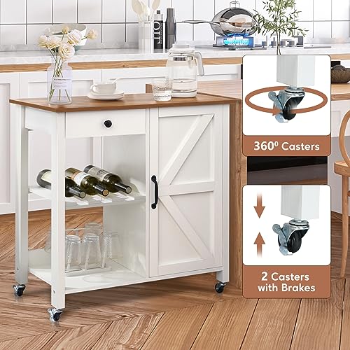 4 EVER WINNER Kitchen Island Cart on Wheel with Storage, 31" Farmhouse Island Table with Storage Drawer & Cabinet, Adjustable Shelf, Wine Rack,Rolling Small White Kitchen Coffee Cart for Dining Room
