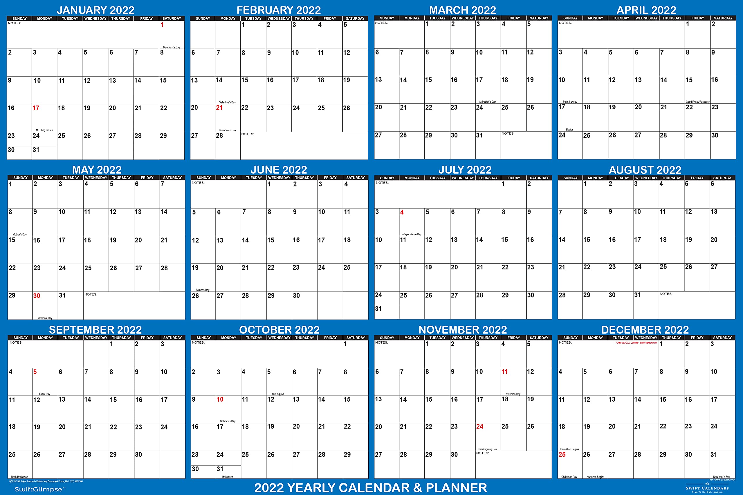 18" x 24" SwiftGlimpse 2022 Wall Calendar Erasable Large Wet & Dry Erase Laminated 12 Month Annual Yearly Wall Planner, Reversible, Horizontal/Vertical, Navy