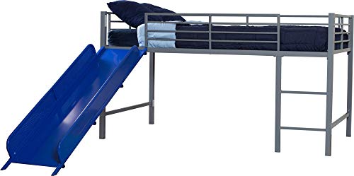 DHP Junior Twin Metal Loft Bed with Slide, Multifunctional Design, Silver with Blue Slide & Fire Department Design Curtain Set for Junior Loft Bed, Kids Furniture, Blue