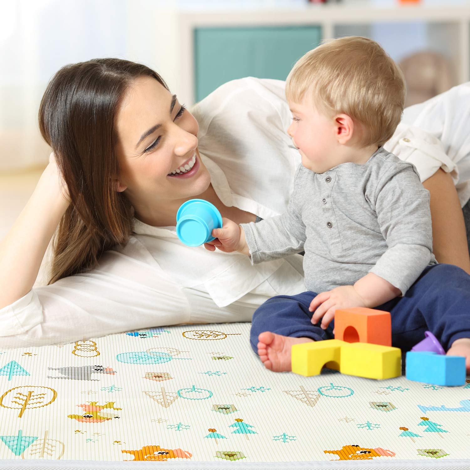 Angelbliss Play Mats for Babies - Haute Collection - Play Mat for Infants – Non-Toxic Baby Rug – Cushioned Baby Mat Waterproof Playmat – Reversible Double-Sided Kindergarten Mat (Medium - Blue)