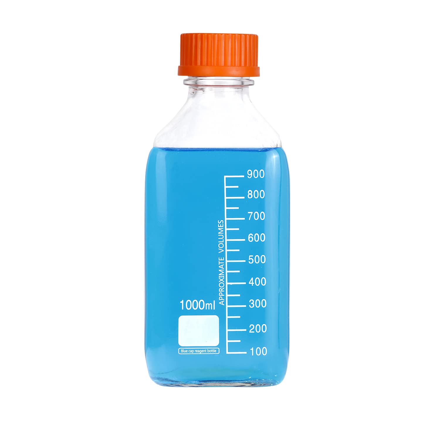 Moonetto 4 Pieces 1000ml Lab Square Graduated Glass Media Storage Bottle with GL45 Polypropylene Orange Cap