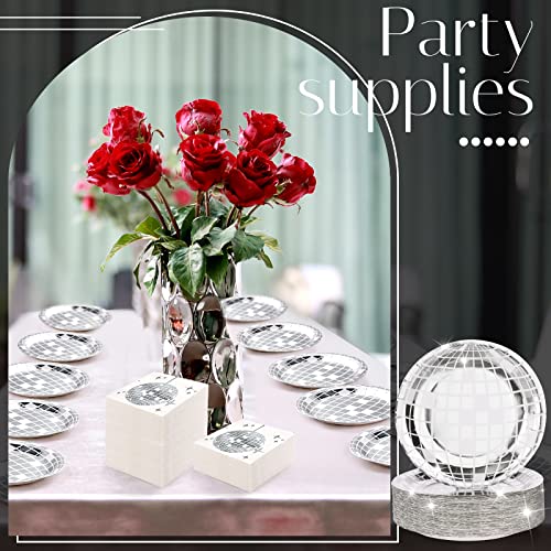200 Pcs 70s Disco Party Supplies Includes Disco Ball Paper Plates and Disco Cocktail Napkins Silver Disco Paper Plates Disco Napkins for 80s 90s Disco Bachelorette Birthday Party Picnic (White)