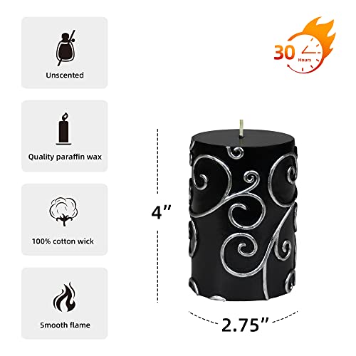 4 Inch Black Scroll Pillar Candle