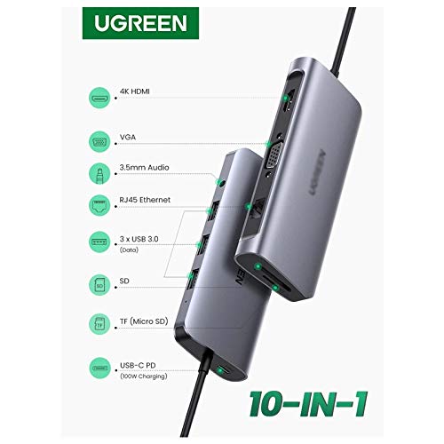 GPPZM USB C Hub 10 in 1 USB Type C to HDMI 4K USB 3.0 VGA PD 3.5mm Full Function Hub