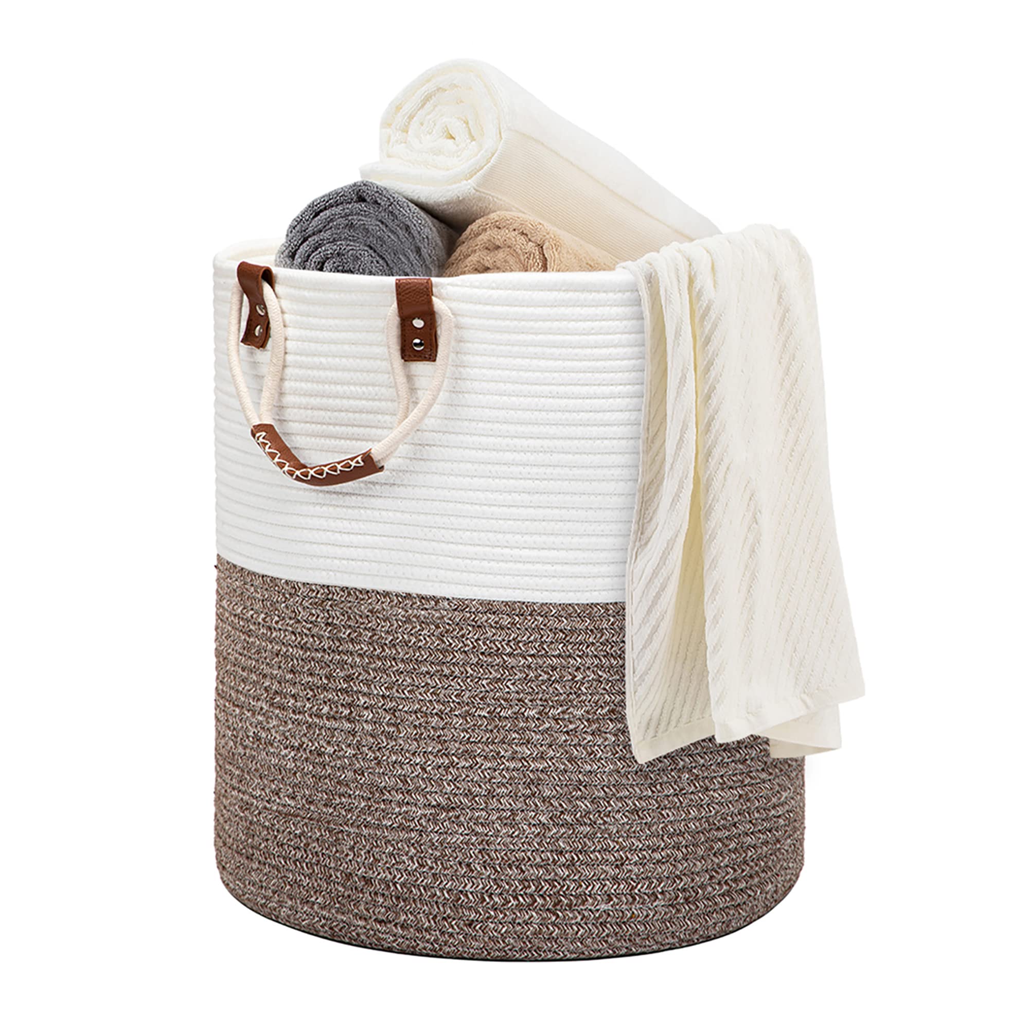 WSNYY Cotton Rope Basket, Storage Basket, Woven Laundry Hamper, Toy Storage Bin, Nursery Storage Basket, Baby Bin Organizer, White & Brown, 13.7x15.7 Inches