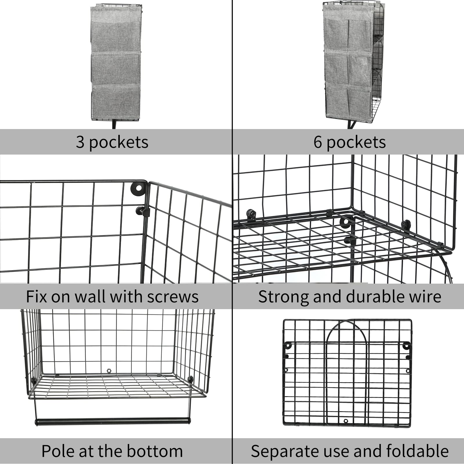 3 Tier Hanging Shelves Wall Mount Metal Wire Basket with 9 Canvas Pockets &Removable Hooks,Foldable 3-Shelf Clothing Closet Storage Organizer for Bedroom Baby Nursery Cloth Sweaters Handbags Cap Black