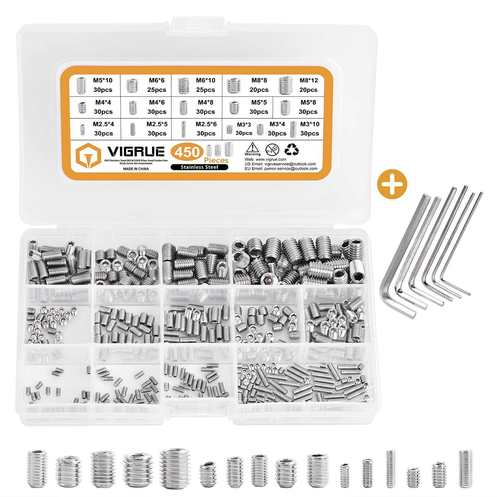 VIGRUE 450PCS M2.5/M3/M4/M5/M6/M8 Hex Allen Head Socket Set Screw Bolts Assortment Kit Grub Screw with Internal Hex Drive, 304 Stainless Steel